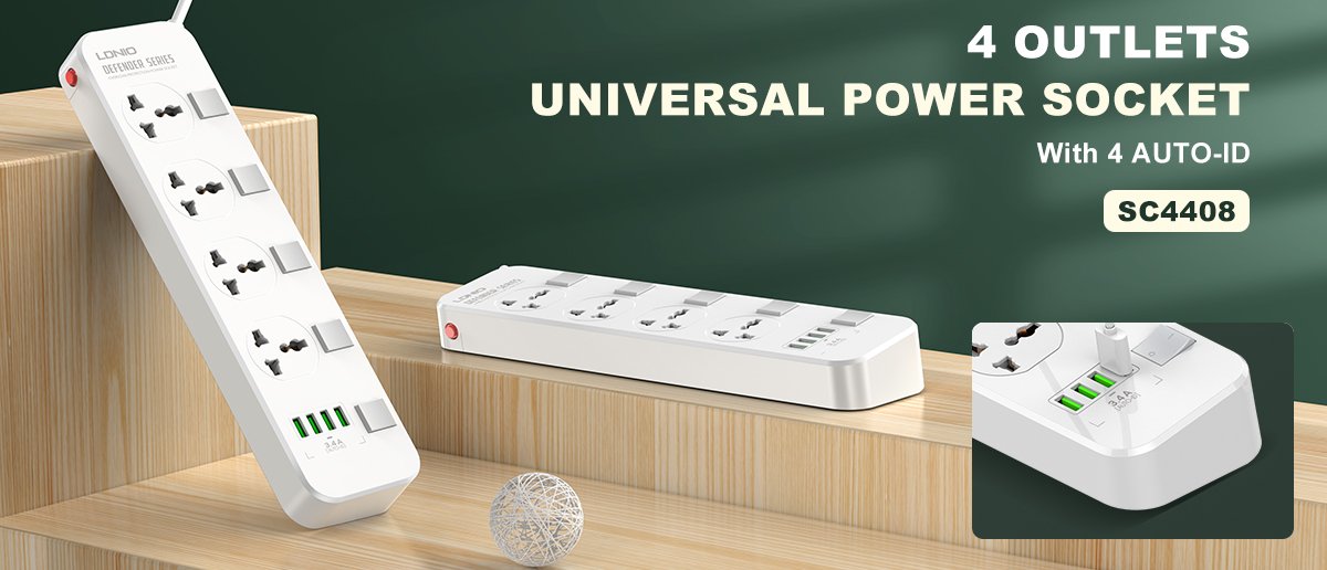SC4408 | 4 AC Outlets Universal Power Strip Overload Protector