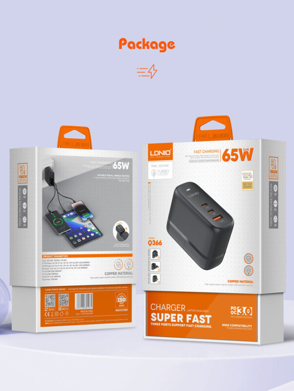Q366 | ldnio 65W GaN travel Supper Fast Charger with 3 Plug | LDNIO EGYPT